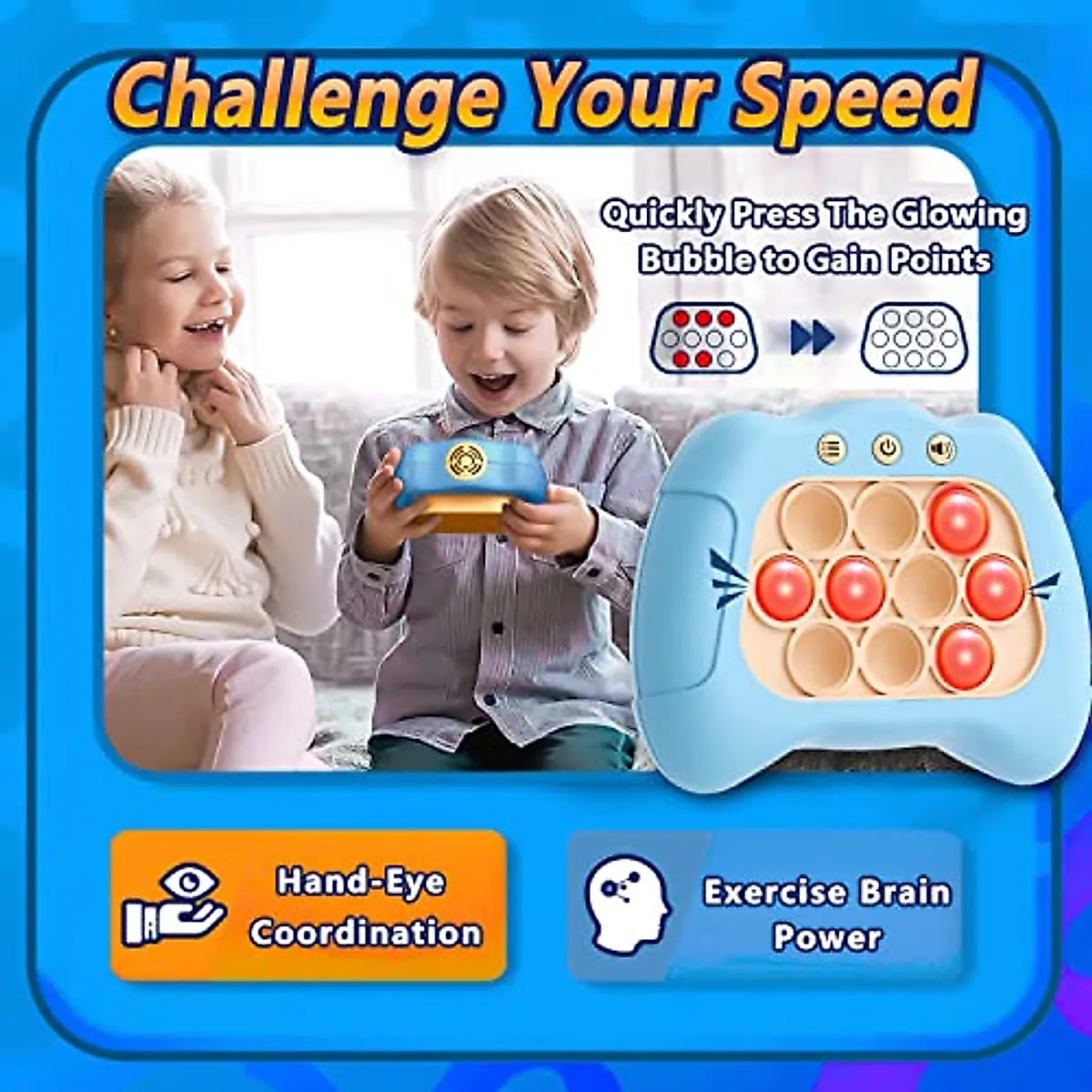 Quick Push Light Up Pop Game Fidget Toys for Adults and Kids | Puzzle Game Machine | Squeeze Poppet Sensory Push Pop Bubble Toy | Relief Party Favors Puzzle Game Fidget Console (Light Blue)