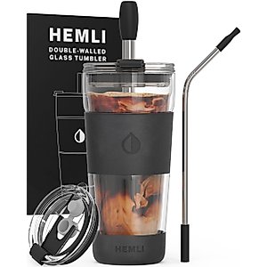 Hemli 19 oz. Clear Double Wall Glass Coffee Tumbler, To Go Glass Travel Mug with Lid, Portable Glass Thermos with Straw, Reusable Cup for Coffee, Tea, Smoothies, Ice Coffee, and Boba (Black)