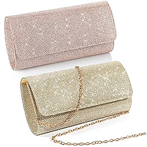 Kajaia 2 Pieces Evening Formal Purses for Women Shiny Clutch Purses Glitter Handbags with Chain Envelope Purses for Wedding Party (Gold, Rose Gold)