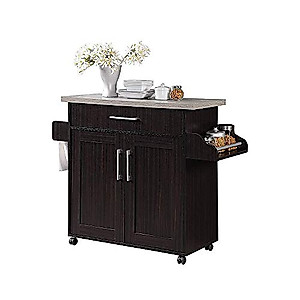 Hodedah Kitchen Island with Spice Rack, Towel Rack & Drawer, Chocolate with Grey Top
