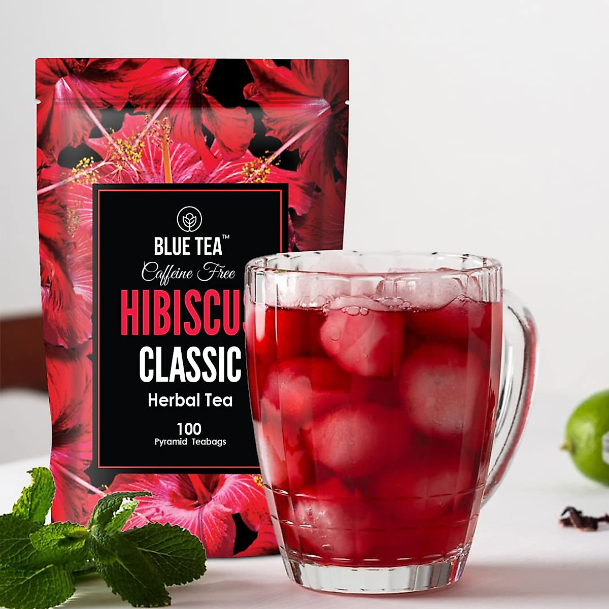 BLUE TEA - Hibiscus Classic Herbal Tea - 100 Plant Based Tea Bags || SKIN GLOW ENHANCING TEA || Caffeine Free - Flower Based - Vegan - Non-Bitter - Natural Ingredients | Zipper Pack