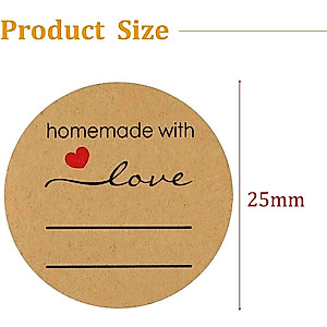 Handmade with Love Stickers, 500pcs Round Baking Kraft Label Stickers Self-Adhesive Label Decor Heart Shape Stickers for Homemade Gifts (25mm)