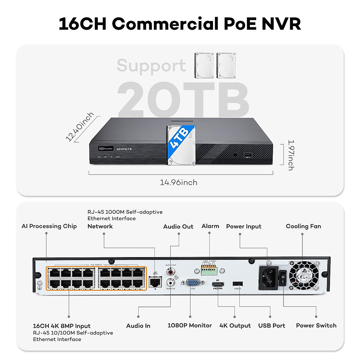 ONWOTE 16 Channel 4K NVR PoE Security Camera System, 12x 6MP 122° Outdoor Audio IP Cameras AI Detect Human Vehicle, 16CH Business NVR 4TB, 16CH Synchro Playback, 100ft 60ft Cable, Commercial CCTV