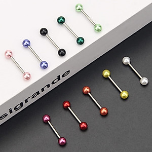 CrazyPiercing 10 Pieces Tongue Rings 16G Faux Pearl Acrylic Tongue Ring Straight Stainless Steel Barbell Body Piercing Jewelry for Men/Women
