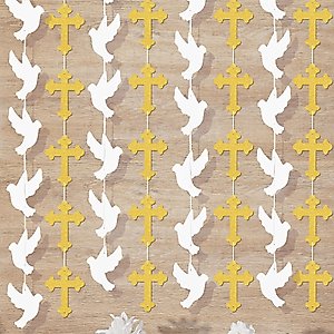 Wonderjune 12 Pcs First Holy Communion Baptism Decoration Gold and White Dove Cross Garland Banner for Wedding Bridal Baby Shower Engagement Religious Christian