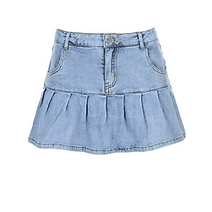 Yeokou Women's Casual Slim A-line Pleated Ruffle Short Mini Denim Skirts (XS, LightBlue)