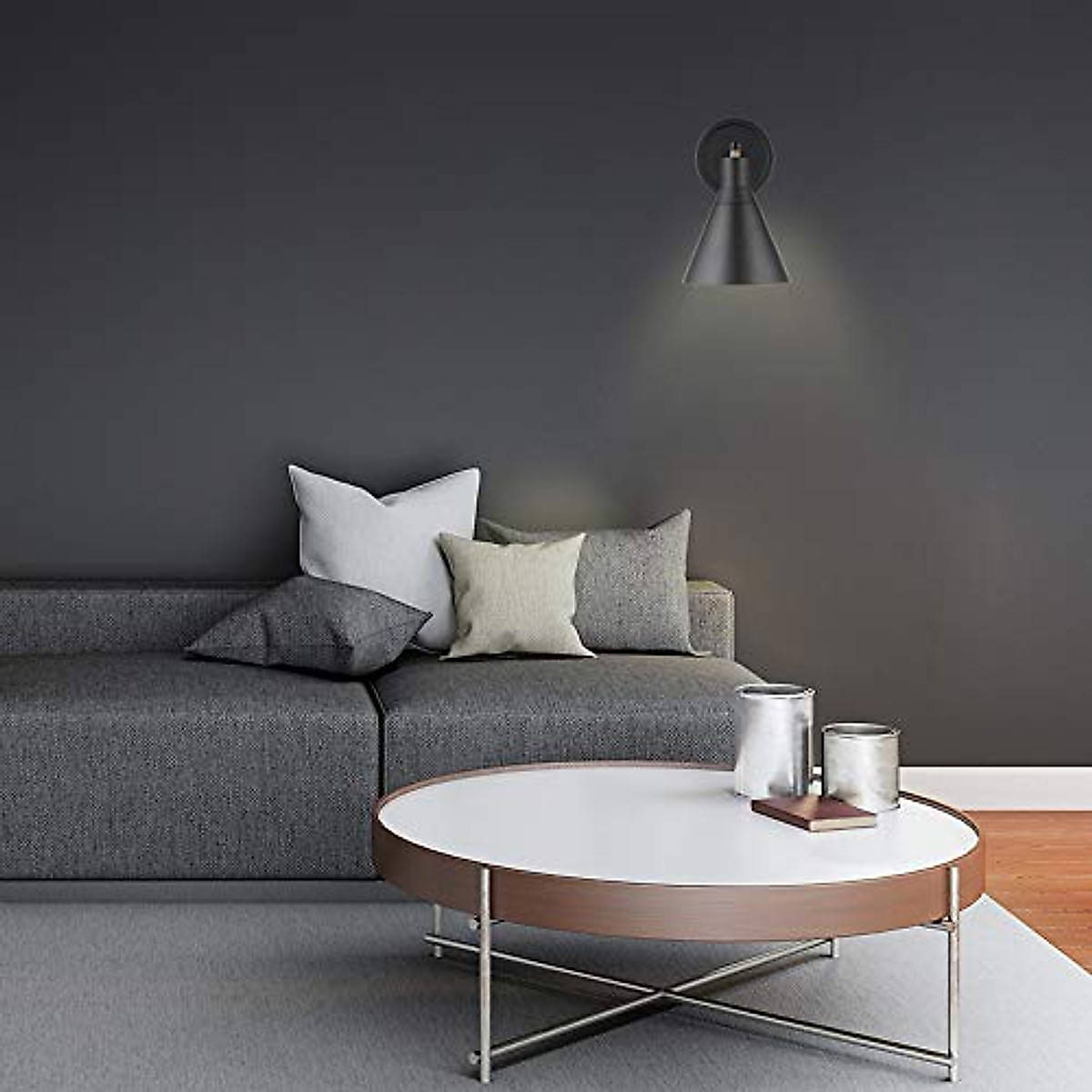 Globe Electric 51725 1-Light Dimmable Plug-in or Hardwire Wall Sconce, Matte Black, Faux Walnut Accent, Stepless Dimming Rotary Switch on Canopy, Black Fabric Cord, Wall Lights for Bedroom Plug in