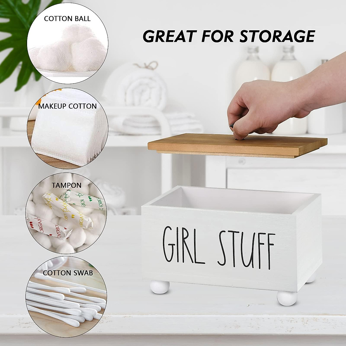 Tampon Holder for Bathroom, Tampon and Pad Holder Organizer with Lid, Tampon and Pad Storage Container with Decorative Bathroom Wooden Sign for Bathroom Accessories,Feminine Products Caddy (White 2)