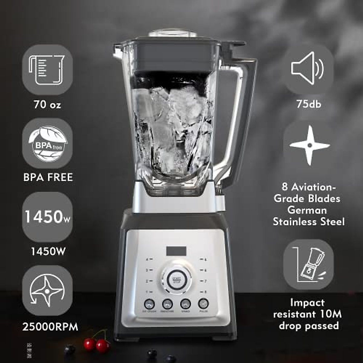 Dentoleid Professional Blender, Countertop Blender with 8 Adjustable Speeds, Large Capacity 70oz Tritan Pitcher , 1450W Base and Precise Crushing Function, Frozen Drinks and Smoothies