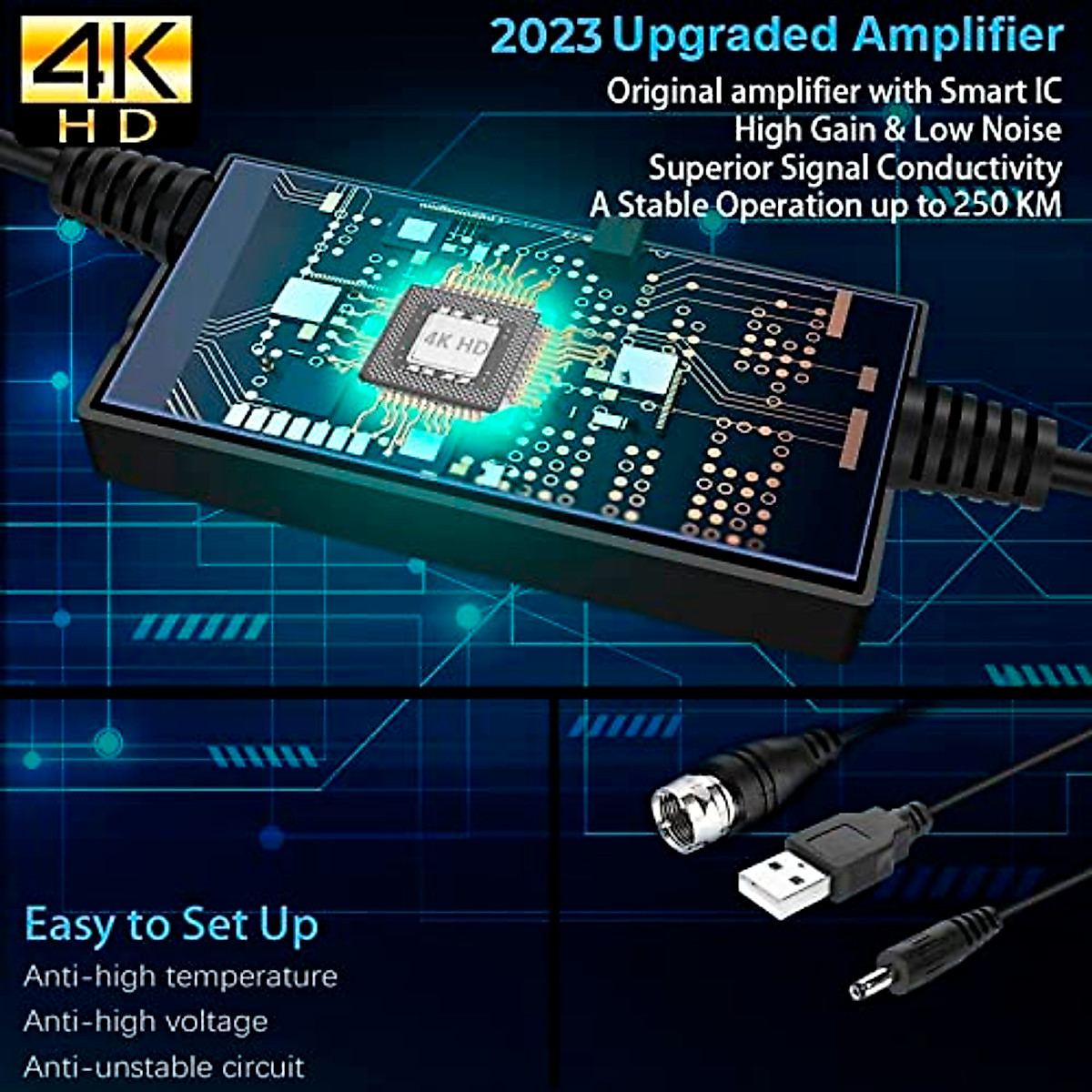 TV Antenna Digital HD Indoor - Smart Antenna Long 250+ Miles Range - Powerful Amplifier Support 4K 1080p All TV's VHF UHF Outdoor Signal Booster 360° Signal Reception -17ft Coax Cable