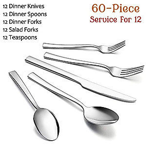 60-Piece Silverware Set, E-far Stainless Steel Flatware Set Service for 12, Tableware Cutlery Set for Home Restaurant Party, Dinner Forks/Spoons/Knives, Square Edge & Mirror Polished, Dishwasher Safe