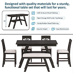 Farmhouse Counter Height 6-Piece Dining Set, Heavy Solid Wood Kitchen Dining Room Table Set, 60 in Triangular Design Bar Table with Storage Shelf, Bench and 4 Chairs with Soft Cushion (Espresso)