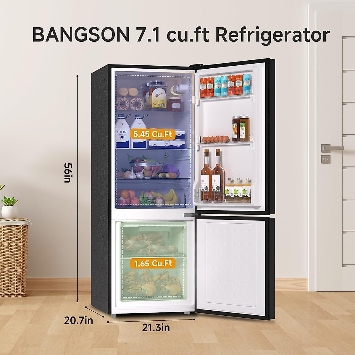 BANGSON 7.1 Cu.Ft Refrigerator with Freezer, Apartment Size Fridge with Bottom Freezer, Large Capacity, Energy Saving, Adjustable Thermostat, Low Noise, Black