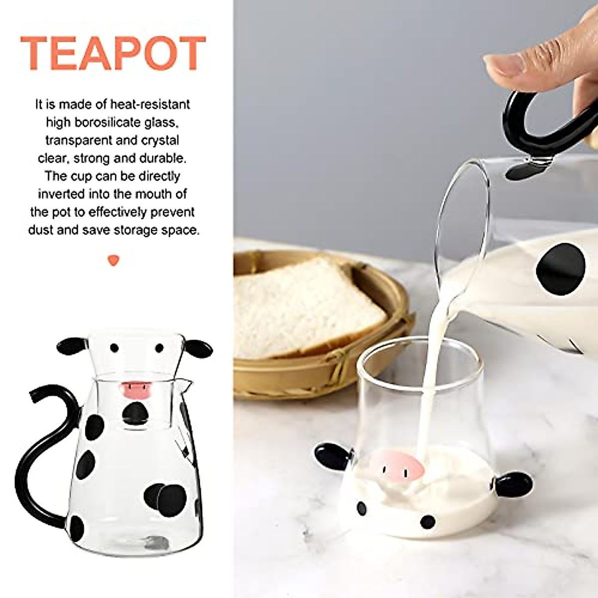 1 Set Glass Carafe Pitcher with Glass Mug Cute Cow Glass Tea Pitcher Kettle Milk Jug Night Water Carafe for Midnight Drink Home Office Hotel 550ml