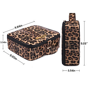 OXYTRA Makeup Bag Leopard Print PU Leather Travel Cosmetic Bag for Women Girls - Cute Large Makeup Case Cosmetic Train Case Organizer with Adjustable Dividers for Cosmetics Make Up Tools
