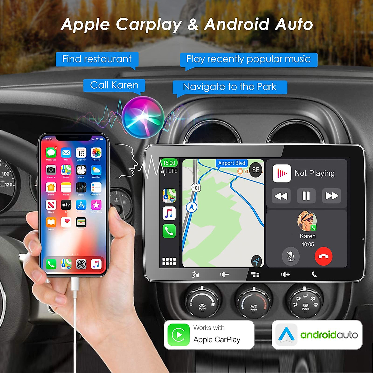 Single Din Bluetooth Car Stereo: 9 Inch IPS Touchscreen Audio with Carplay | Android Auto | MirrorLink | Backup Camera | FM/AM Car Radio | USB/SD/AUX-in | Fast Charging | Subwoofer