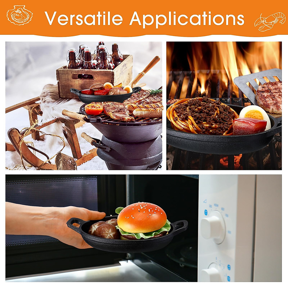 Mifoci 12 Pcs 16 oz 8.7'' x 4.7'' Oval Serving Dish Mini Cast Iron Skillet Cast Iron Baking Pan Sizzling Plate Matte Black Gratin Cookware for Home Restaurant Kitchen Food Service Barbecue