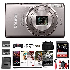 Canon PowerShot ELPH 360 HS Digital Camera (Silver) (1078C001) + 64GB Memory Card + NB11L Battery + Case + Charger + Card Reader + Corel Photo Software + HDMI Cable + Flex Tripod + More (Renewed)