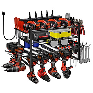 Spaclear Power Tool Organizer Wall Mount with Charging Station Garage Tools and Battery Storage Rack 4 Layer 6 Drill Holder Utility Rack Tool Shelf with Screwdriver/Plier/Hammer Holder Gift for Men