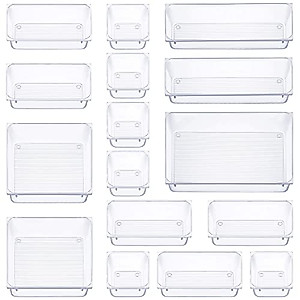 16 Pcs Drawer Organizer Set Dresser Desk Drawer Dividers - 5 Size Bathroom Vanity Cosmetic Makeup Trays - Multipurpose Clear Plastic Storage Bins for Jewelries, Kitchen Gadgets and Office Accessories