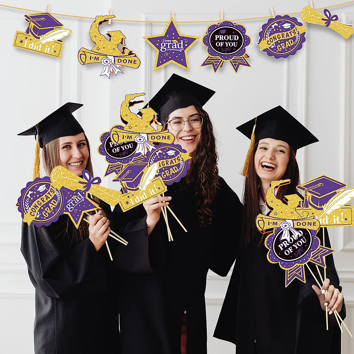 Graduation Party Decorations Purple Gold 2024/Purple Graduation Decorations Class of 2024 NYU Table Centerpieces-24Pcs Purple Gold Black Graduation Sticks Table Toppers for Graduation