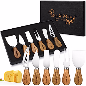 Teenyyou 6 Pcs Cheese Knife Set Wedding Gifts Stainless Steel Cheese Knives Collection with Wooden Handle Mr and Mrs Gifts Bridal Shower Gifts, Bride to Be Engagement Gifts for Couple Newlyweds