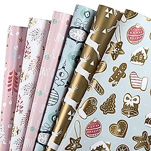 WRAPAHOLIC Wrapping Paper Sheet - Reindeer and Christmas Tree Design, Perfect for Christmas, Holiday, Baby Shower - 1 Roll Contains 6 Sheets - 17.5 inch X 30 inch Per Sheet