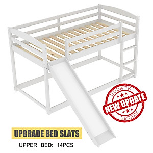 Harper & Bright Designs Bunk Beds Twin Over Twin,Wooden Bunk Bed with Slide, Low Bunk Bed for Kids with Ladder, Floor Bunk Bed Toddler,No Box Spring Needed,White