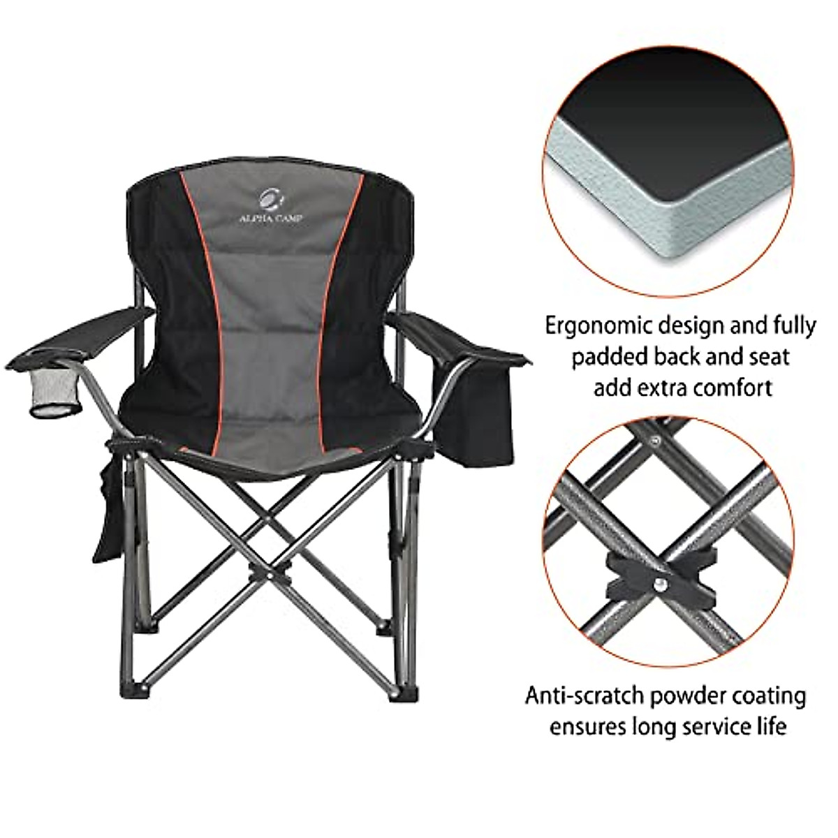 ALPHA CAMP Oversized Folding Camping Chair, Heavy Duty Portable Lawn Chairs with Cooler Bag, Side Pocket & Cup Holder, Folding Chairs for Outside Support 450 LBS