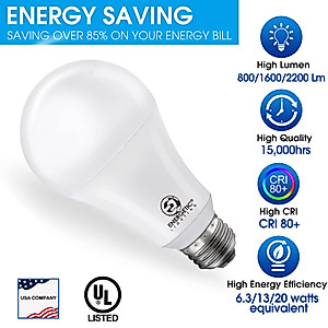 Energetic Lighting Super Bright 50/100/150W 3-Way A21 LED Light Bulb, 800/1600/2200 Lumens, 5000K Daylight, Non-dimmable, E26 Base, UL Listed, 4-Pack