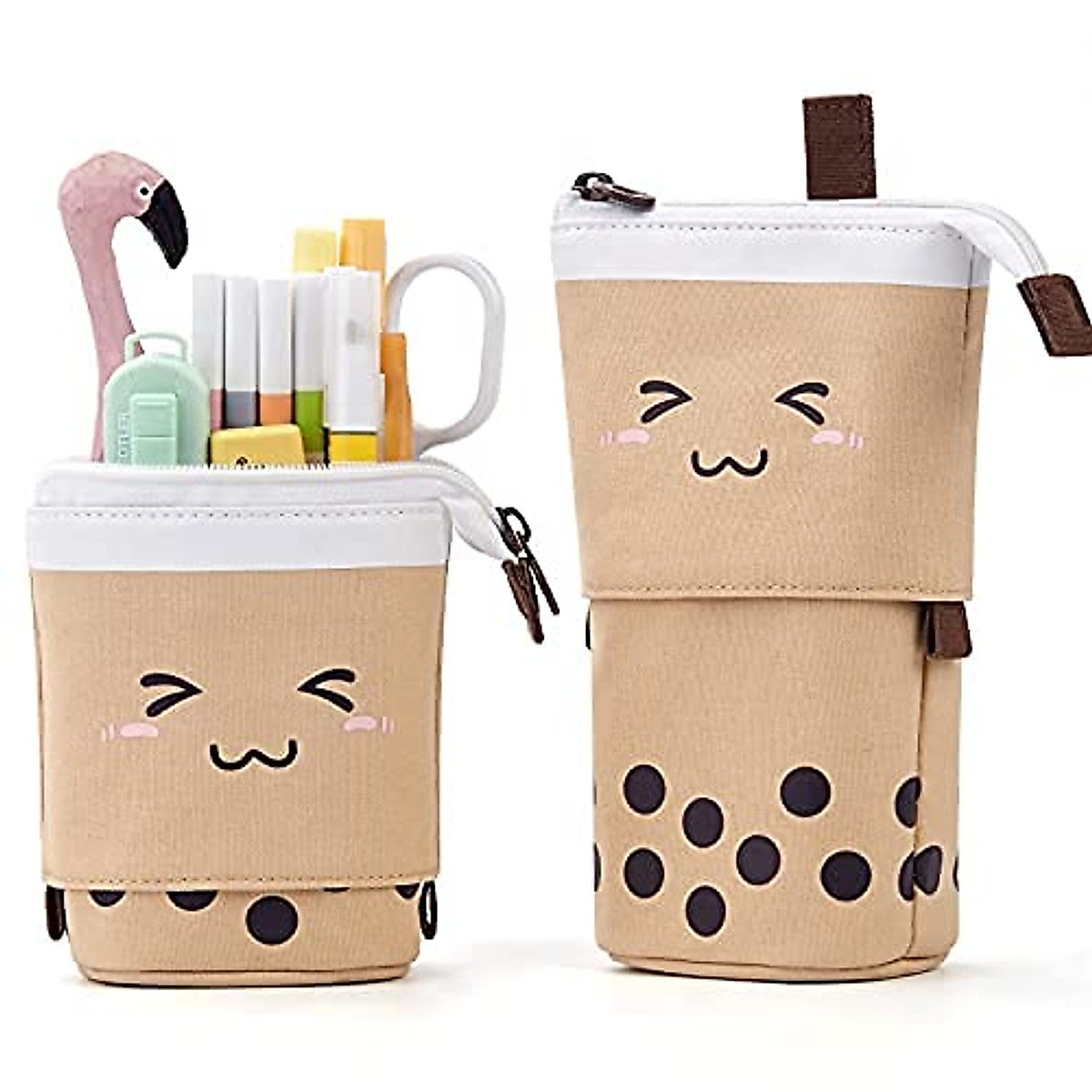 Pencil Case Standing Pen Holder Telescopic Makeup Pouch Pop Up Cosmetics Bag Stationery Office Organizer Box for Students Unsex Adults (Brown)