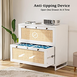 VINGLI White & Natural Rattan 2 Drawer Lateral File Cabinet with Lock, Wood Locking File Cabinets for Home Office, File Cabinet Printer Stand for Hanging Letter/Legal Size Folders, 30W x 16D x 28H