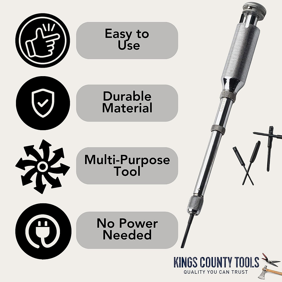 Kings County Tools Classic Yankee Style Push Drill | 8 Double Fluted Bits Included | Chrome Plated Solid Brass Material | No Chuck Necessary | Ideal for Tight Areas