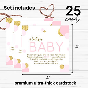 Pink and Gold Books for Baby Shower Cards, Invitation Inserts Girls Book Request, Bring Book Instead of Cards Poem, Cute Storybook-Theme Ideas, 25 Pack