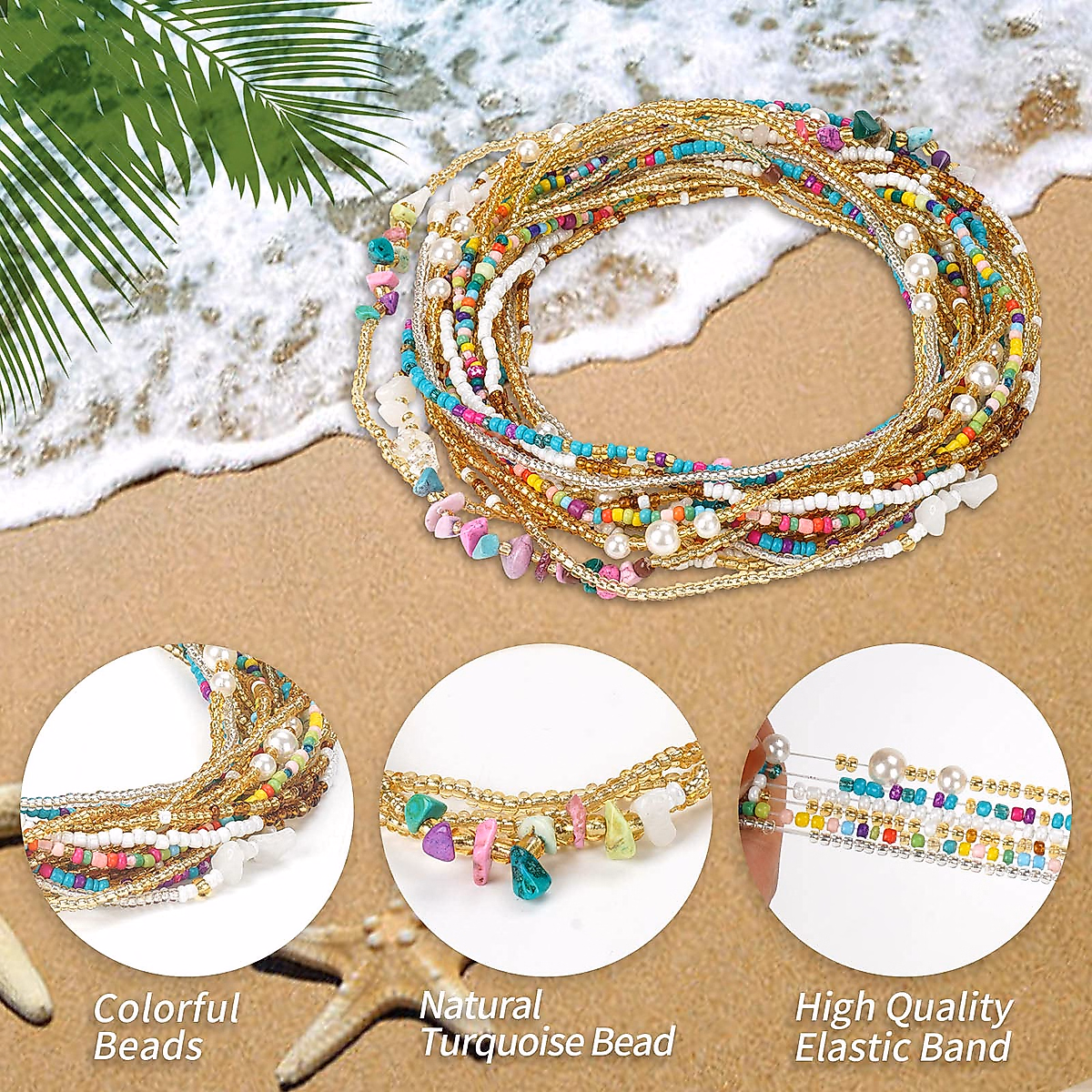 10PCS Waist Beads for Women with crystals，Summer Belly Body Chain African Stretchy Waist Jewellery， Size 31"-37"