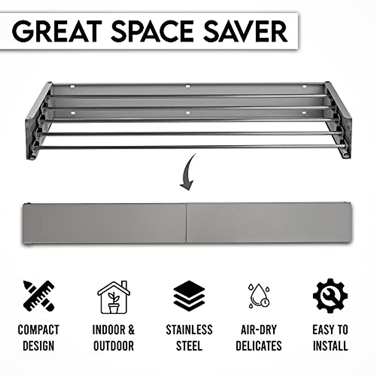 SCAR EMPIRE Space Saver Wall Mounted Drying Rack Holds 60 lbs Capacity - Stainless Steel Laundry Drying Rack Foldable - Sweater, Towel, Clothes Drying Rack Wall Mounted for Indoor & Outdoor (White)