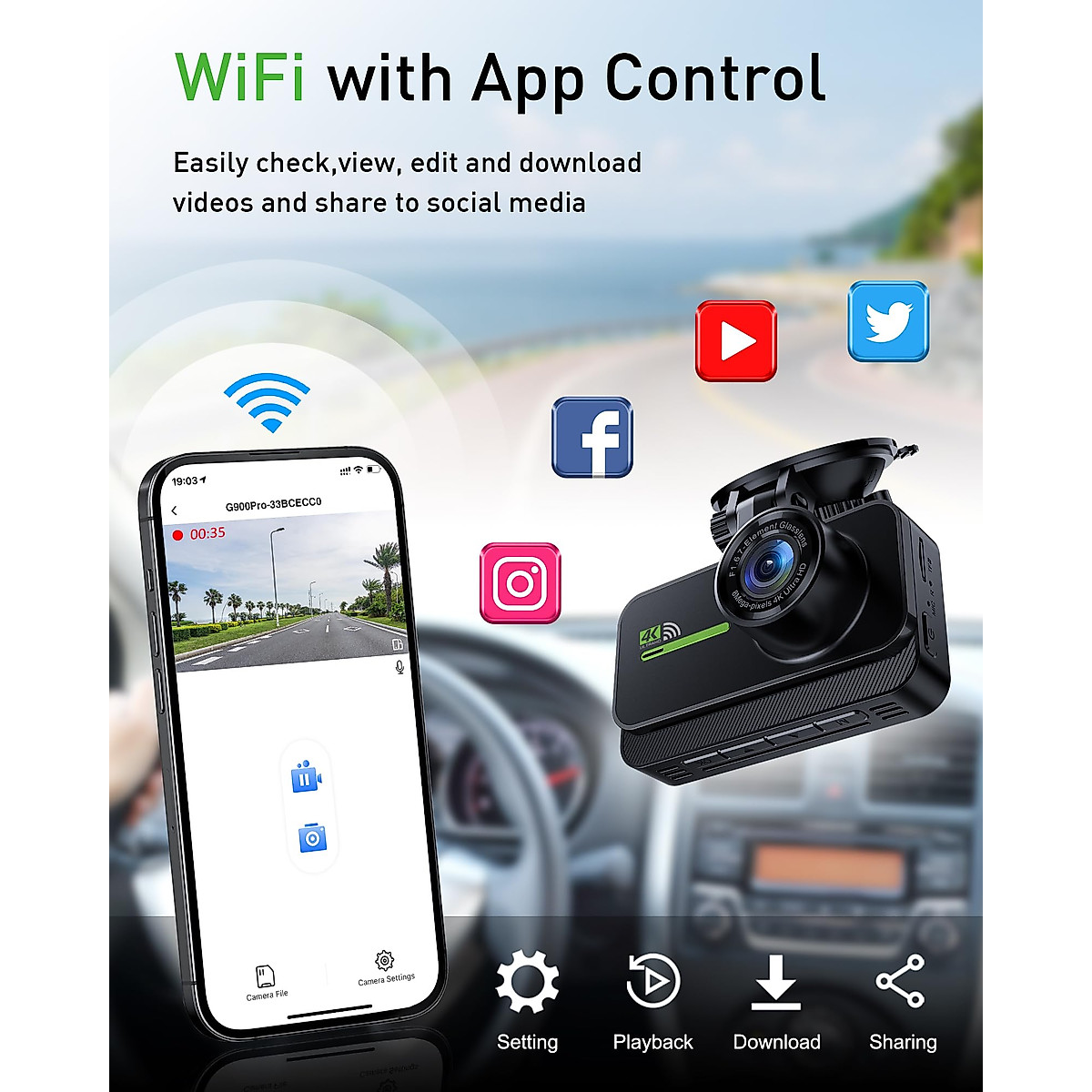 GMAIPOP Dash Cam Front and Rear 4K+2K, Dual WiFi Dash Camera for Cars with 64GB Card, 3" IPS dashbord dashcam 24/7 Parking Mode,Night Vision,G-Sensor, Loop Recording,170° Wide Angle