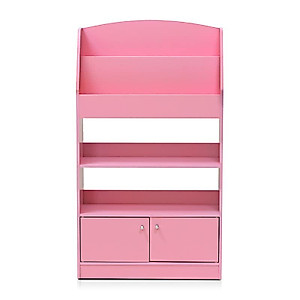 FURINNO 4 shelves Kidkanac Magazine/Bookshelf with Toy Storage Cabinet, Pink 9.45D x 24.57W x 43.31H in
