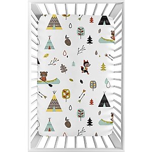 Sweet Jojo Designs Stone and Aqua Woodland Animals Baby Boy Fitted Mini Portable Crib Sheet for Outdoor Adventure Collection - for Mini Crib or Pack and Play ONLY