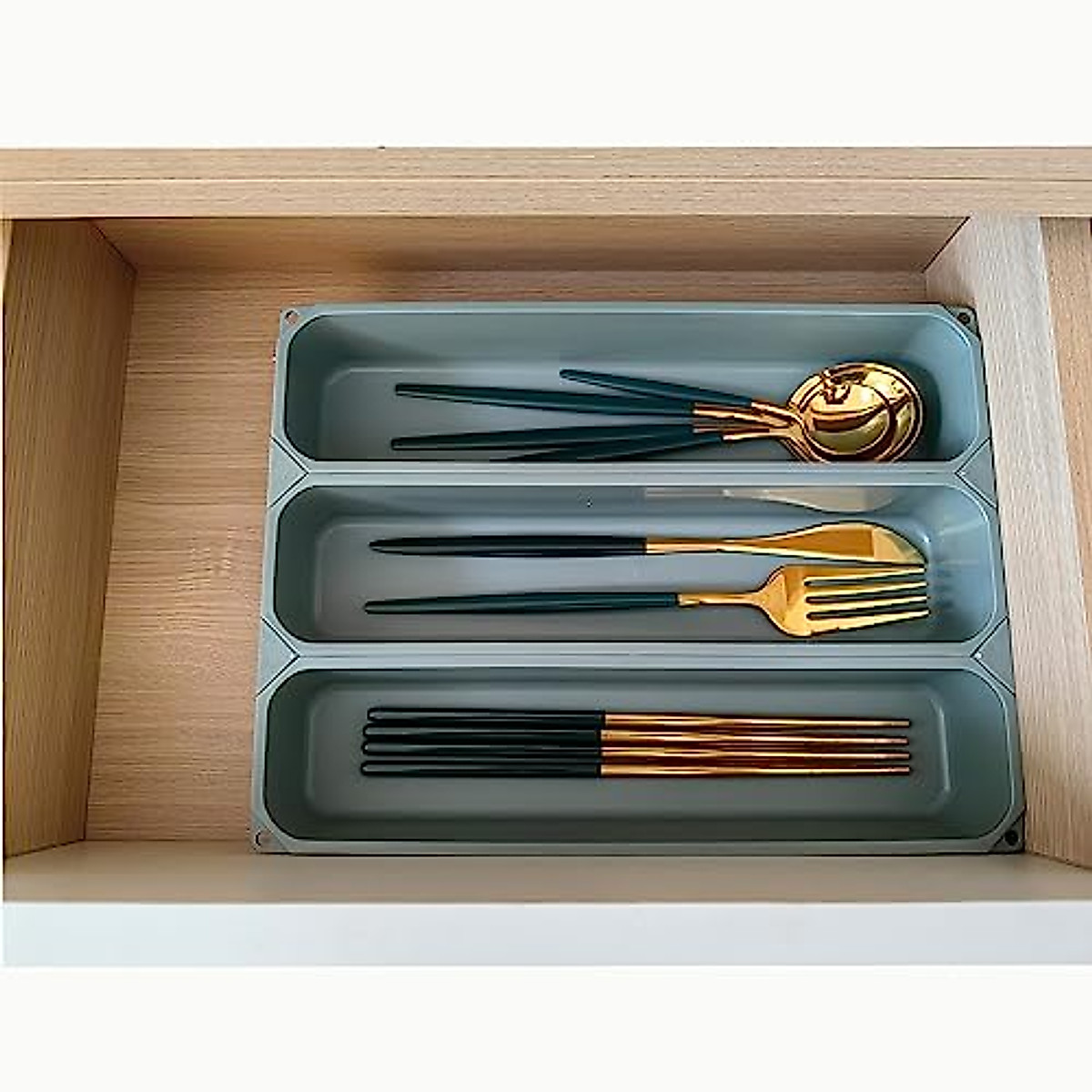 TUNGTAR custom silverware drawer tray BPA Free expandable drawer organizer for utensils holder, cutlery tray, DIY organizer for silverware, flatware, knives (Gray, 10.25 * 7.65INCH 3IN1)