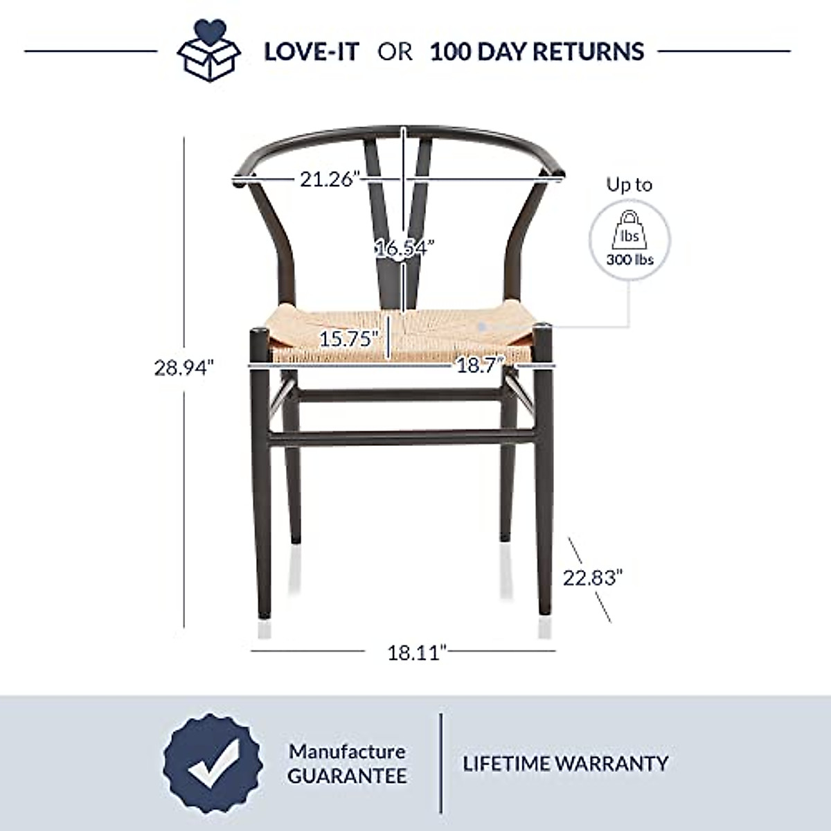 BELLEZE Black Kitchen Dining Room Chairs Set of 2, Modern Wishbone Indoor Dining Chairs with Mid-Century Metal Curved Backrest, Natural Weave Hemp Seat - Sorrento (Black)