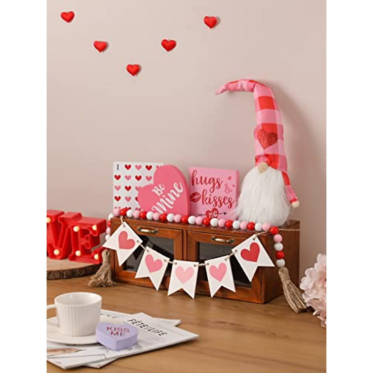 Valentine's Day Tiered Tray Décor Set of 6, Gnome Plush, Wooden Heart Wood Sign Heart Ornament, Valentine's Day Table Decoration Sign Décor