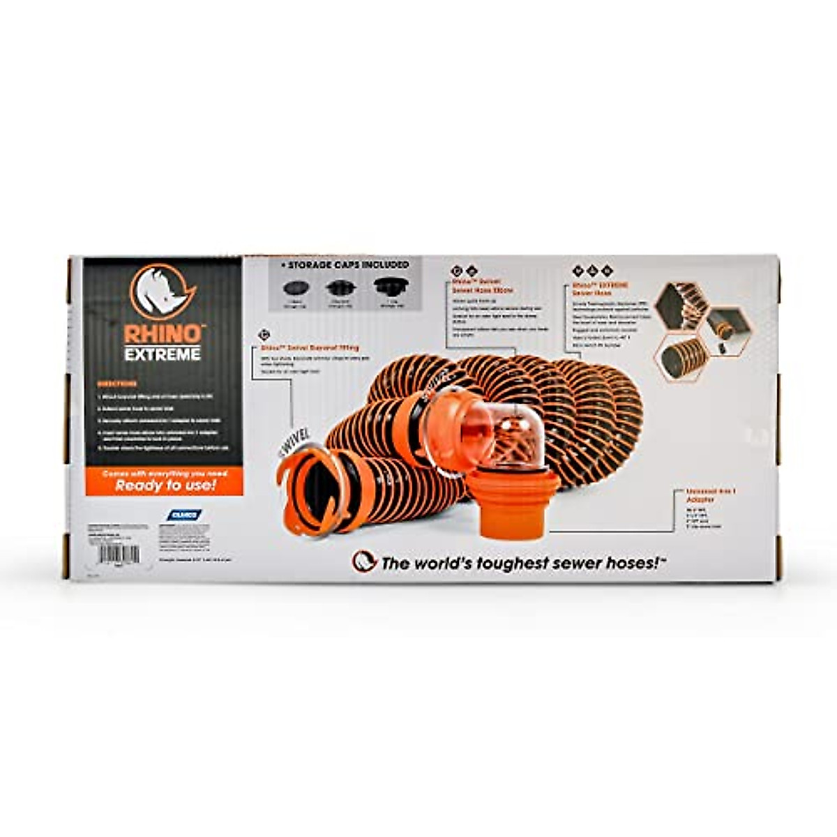 Camco RhinoEXTREME 15-Foot Camper/RV Sewer Hose Kit | Features TPE Technology for Abrasion Resistance and Crush Protection | Includes Pre-Attached Rhino Swivel Fittings (39861)