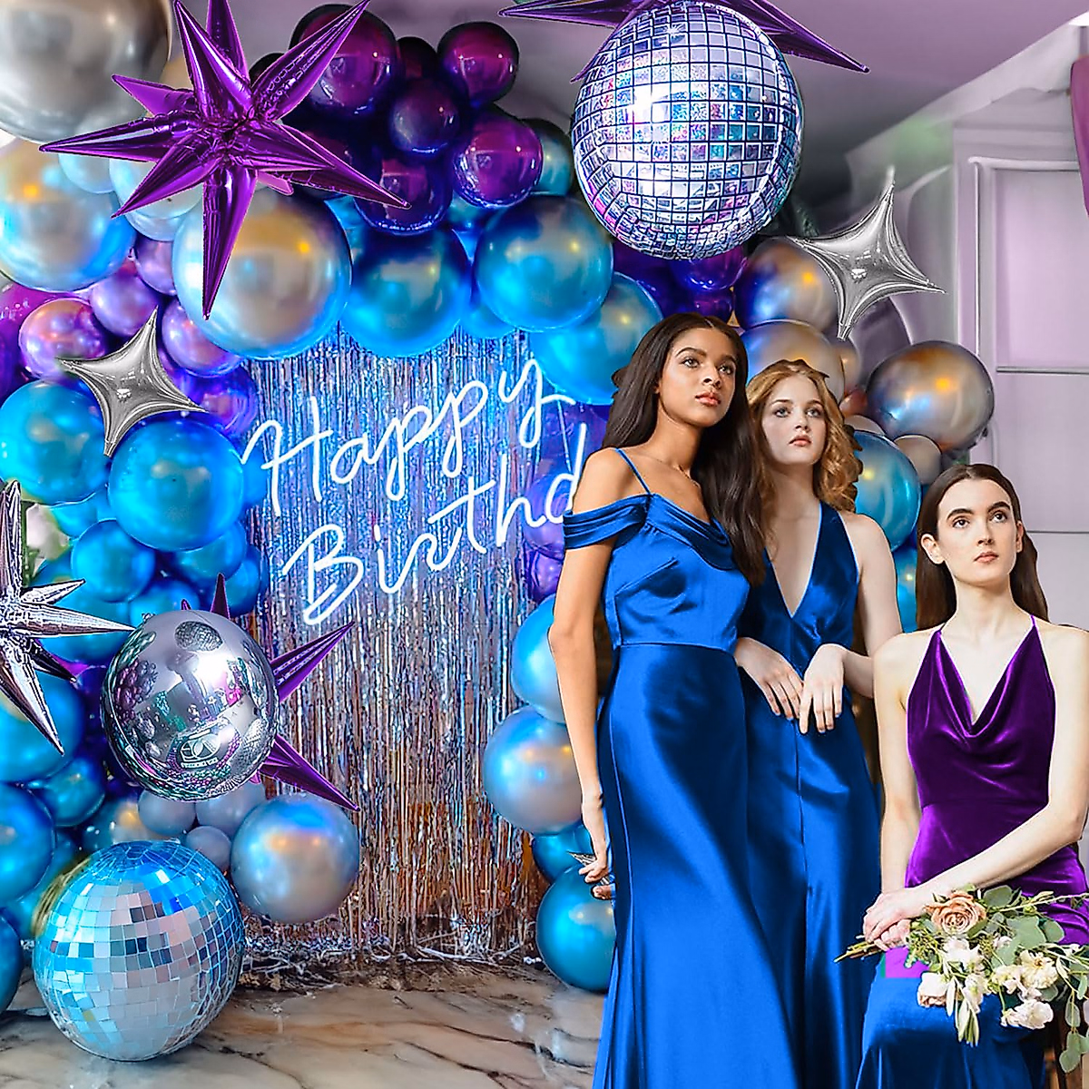 Chrome Purple and blue Disco Balloon garland Arch Kit 160pcs Metallic disco party decorations with Starburst disco ball balloons for Galaxy birthday 2024 graduation prom decorations