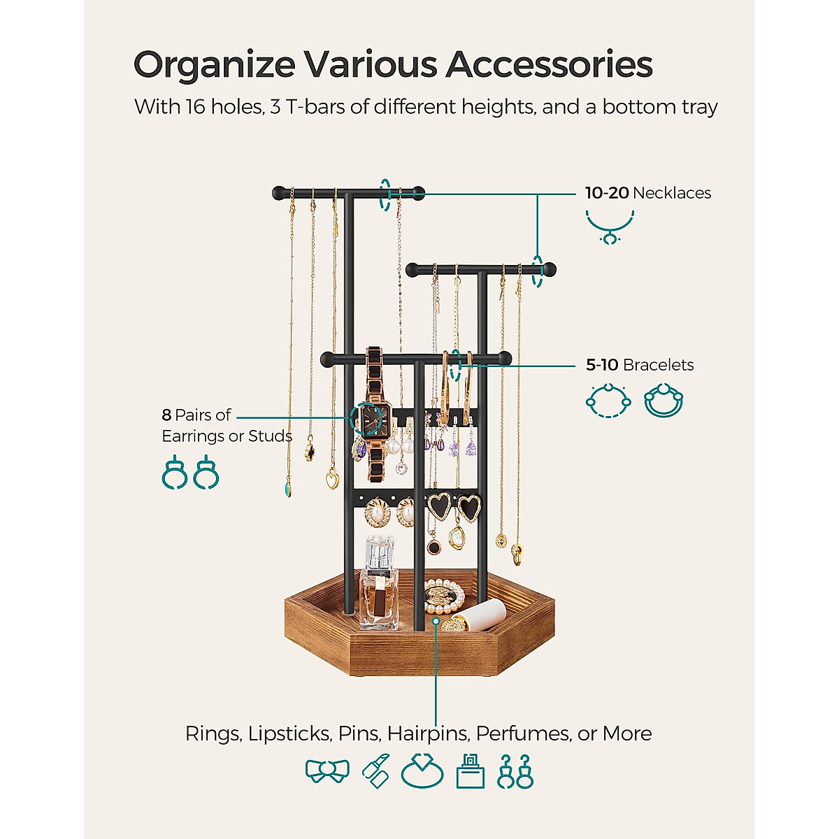 SONGMICS Jewelry Holder, Jewelry Organizer, 4 Independent Zones, Jewelry Display Stand with Metal Frame, Necklace Earring Bracelet Holder, for Rings, Black and Caramel Brown UJJS03CB