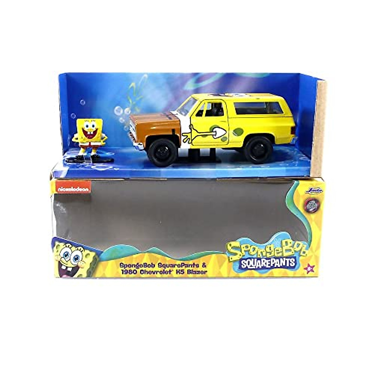 Jada Toys Spongebob Squarepants 1:32 1980 Chevy Blazer K5 Die-cast Car and 1.65" Spongebob Figure, Toys for Kids and Adults, 31798 , Yellow