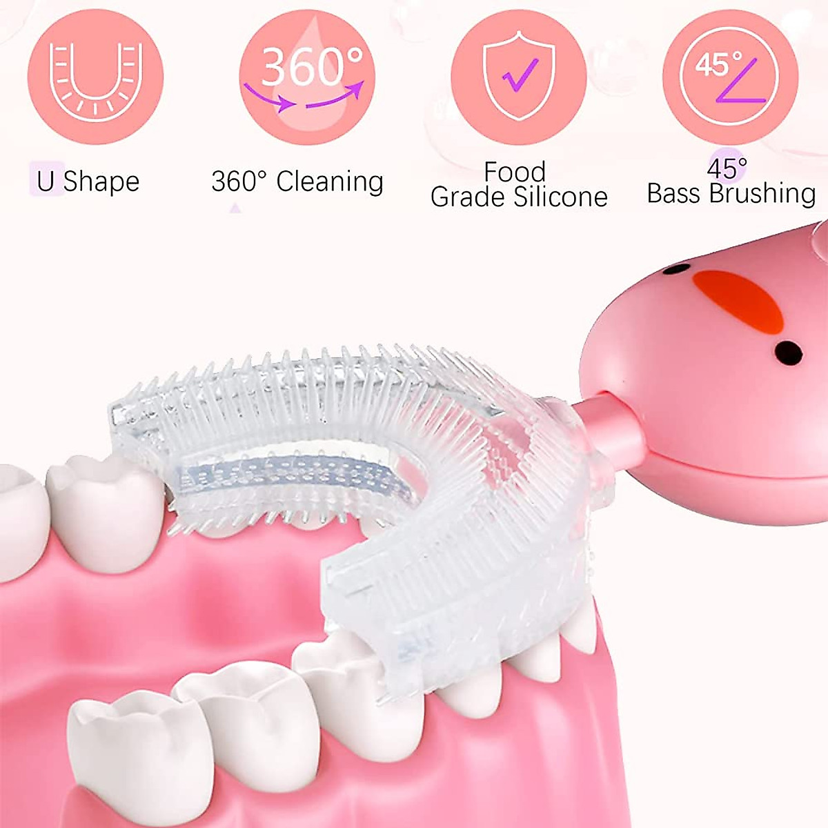 AMZVIO 2Pack U shaped toothbrush kids,Toddler Toothbrush 4PCS Replaceable Silicone Food Grade Brush Heads,Childrens Whole Full Mouth Tooth Brush for Kids Toothbrushes Age 2-8(Pink+Green)