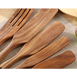 Wooden Spurtle Kitchen Utensils,QWKIT 5Pcs Premium Natural Teak Wood Slotted Spurtle Spatulas Spoons Set for Nonstick Cookware Kitchen Cooking Heat Resistant Non Stick (5)