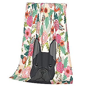 Gdecziy French Bulldog Floral Dog Head Cute pet Gifts Dog Breed Flannel Fleece Plush Throw Blanket,Throw for Spring Recliner, Air Conditioning Blanket Quality Washable Blanket 60"x50"
