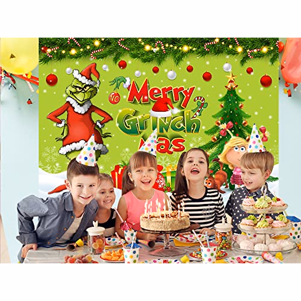 Merry Christmas Party Decorations, 5x3 Ft Christmas Backdrop for Kid Party Supplies Happy Birthday Banner Cartoon Theme Party Decorations Photography Background